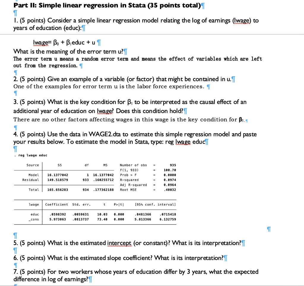 Part Il: Simple linear regression in Stata ( 35 | Chegg.com