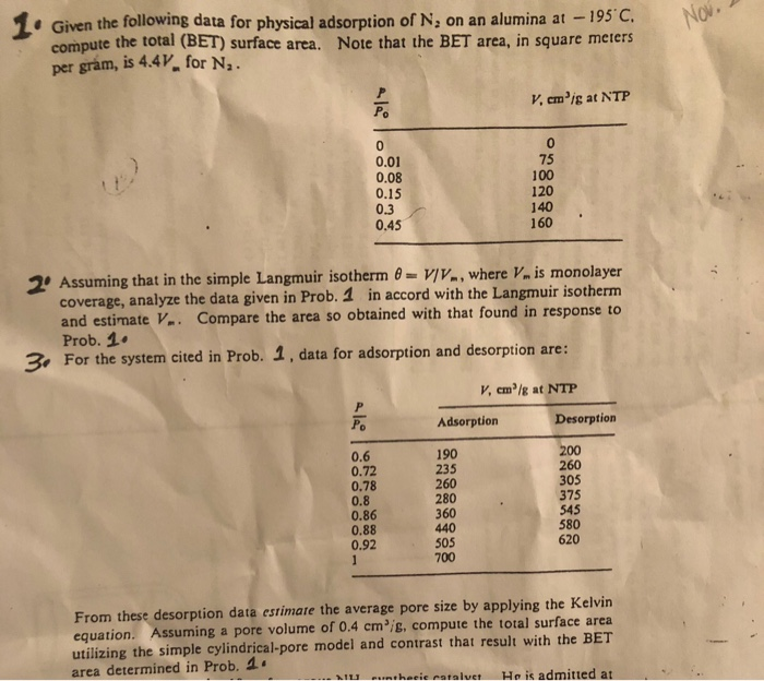 e Given the following data for physical adsorption of | Chegg.com