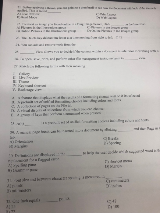 Solved 21. Before applying a theme, you can point to a | Chegg.com