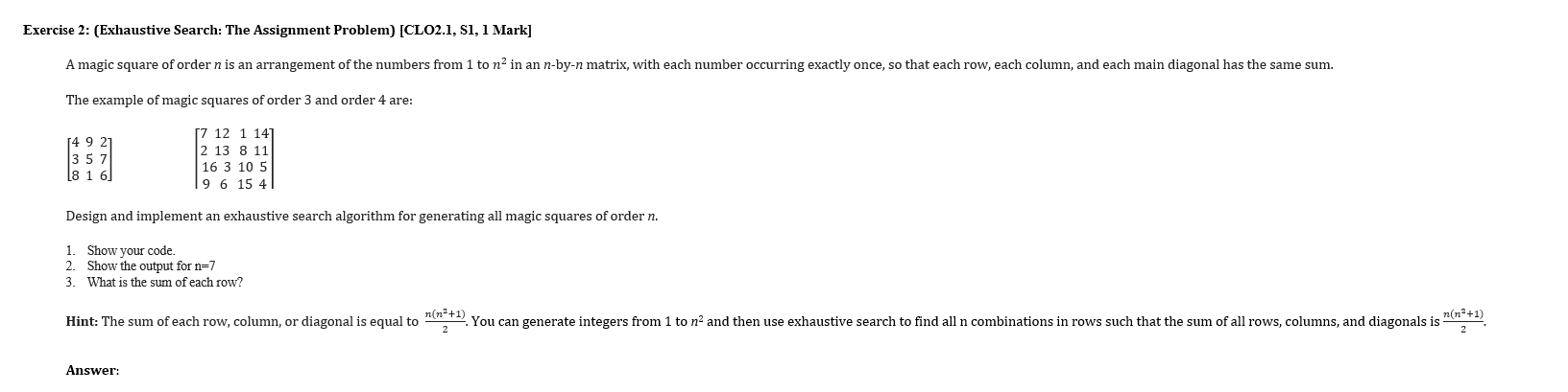 Solved rercise 2: (Exhaustive Search: The Assignment | Chegg.com