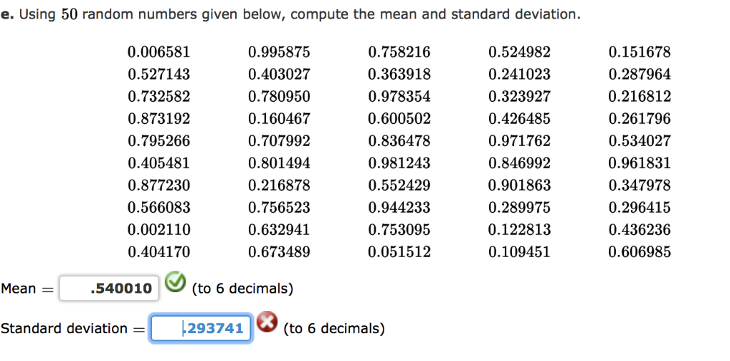 Solved e. Using 50 random numbers given below, compute the | Chegg.com