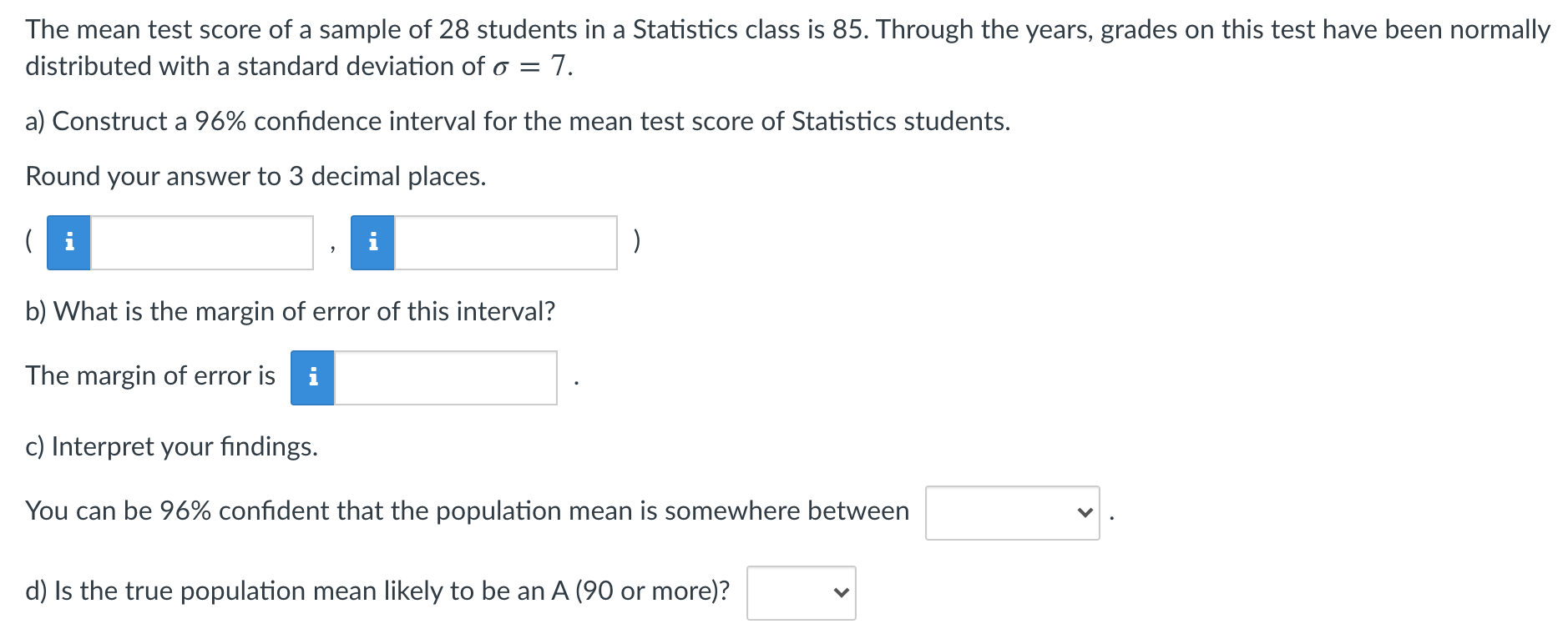 Solved The mean test score of a sample of 28 students in a | Chegg.com