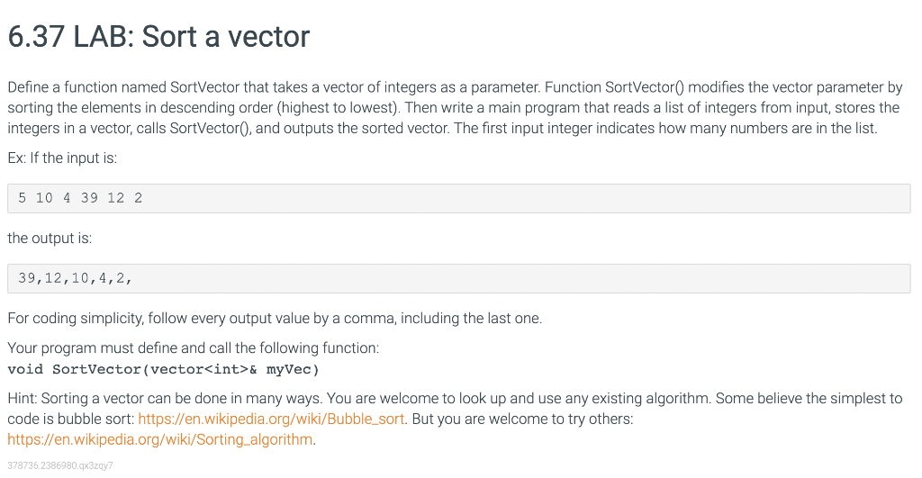 Solved 6 37 LAB Sort A Vector Define A Function Named Chegg