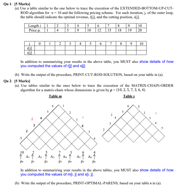 Qu 1: [5 Marks (a) Use a table similar to the one | Chegg.com