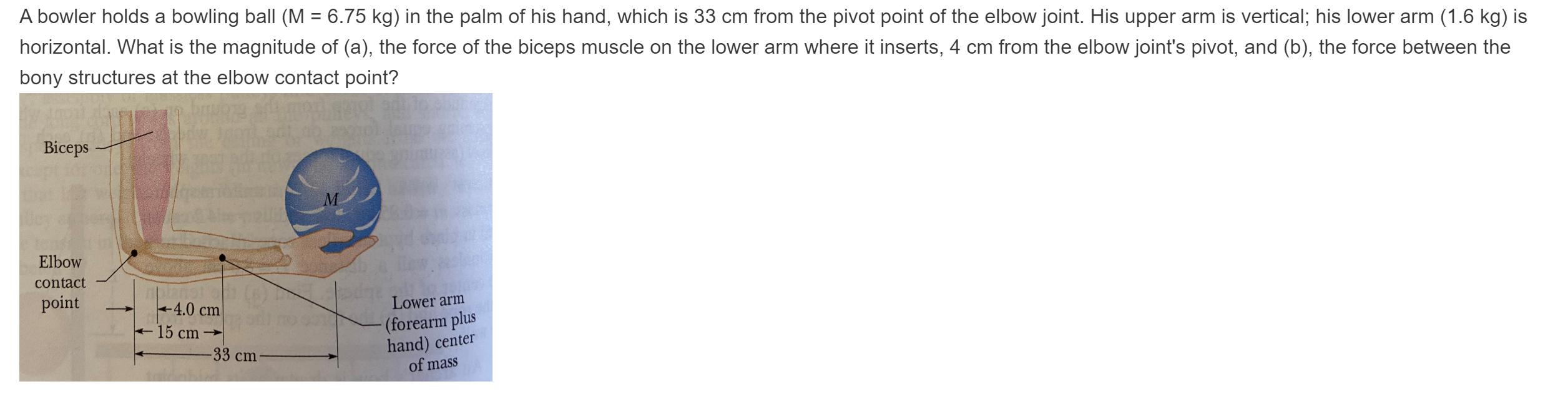 Solved A bowler holds a bowling ball (M=6.75kg) ﻿in the palm | Chegg.com