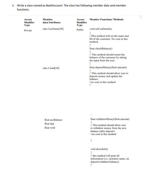 Solved 2. Write a class named as BankAccount. The class has | Chegg.com