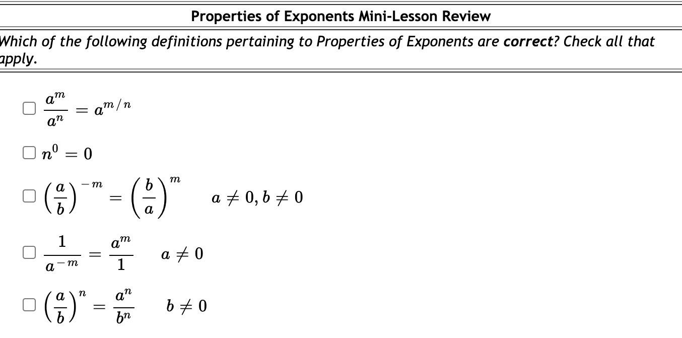 Solved Properties of Exponents Mini-Lesson Review Which of | Chegg.com