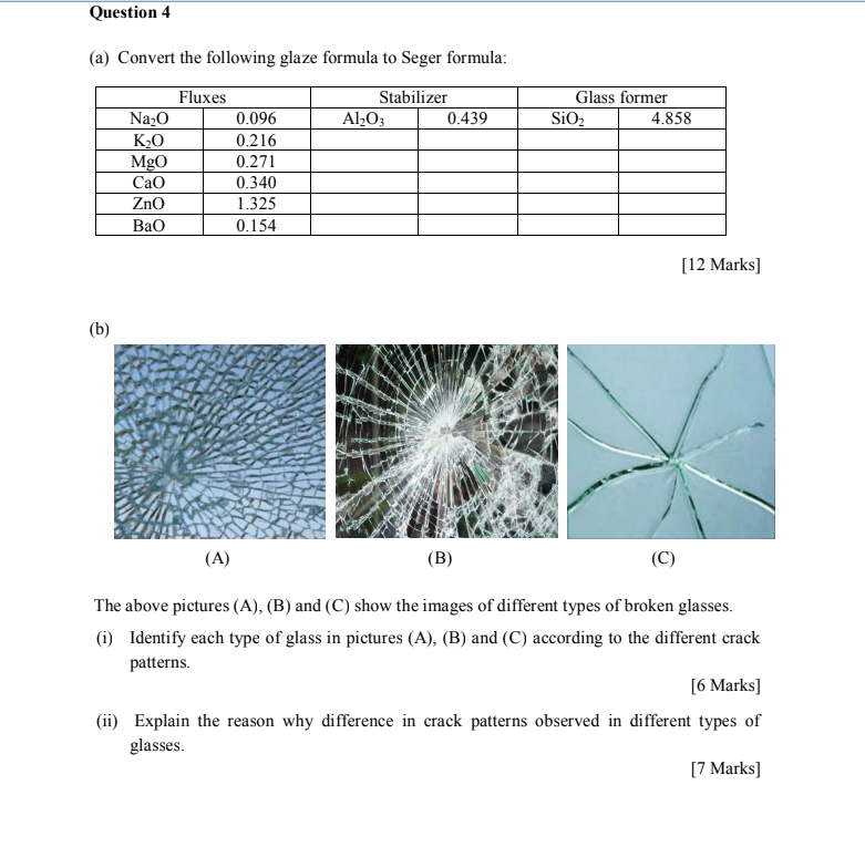Solved Question 4 (a) Convert the following glaze formula to | Chegg.com