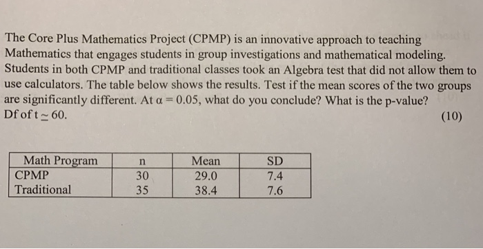 Solved The Core Plus Mathematics Project (CPMP) is an | Chegg.com