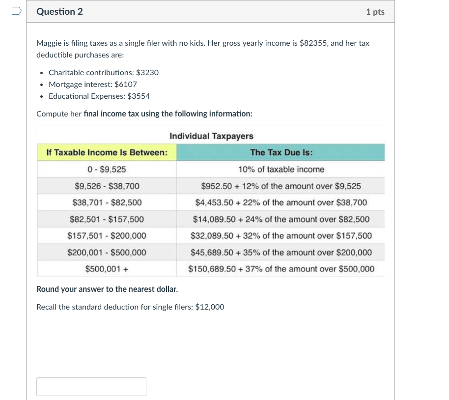 Solved D Question 2 1 Pts Maggie Is Filing Taxes As A Single 