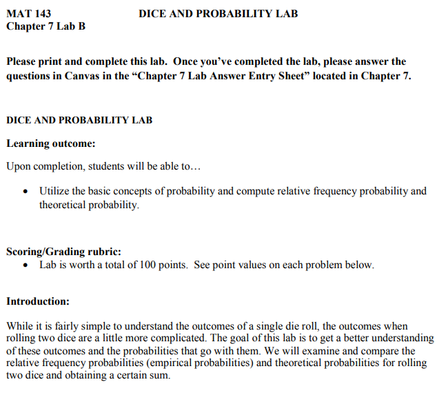 MAT 143 Chapter 7 Lab B DICE AND PROBABILITY LAB | Chegg.com