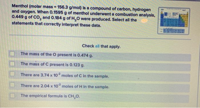 Solved Menthol (molar mass 156.3 g/mol) is a compound of | Chegg.com