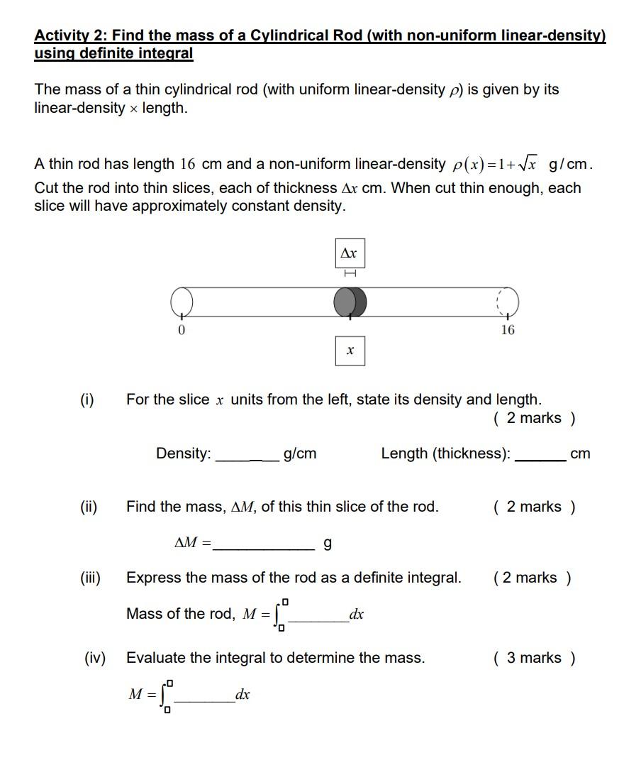Solved Activity 2: Find the mass of a Cylindrical Rod (with | Chegg.com