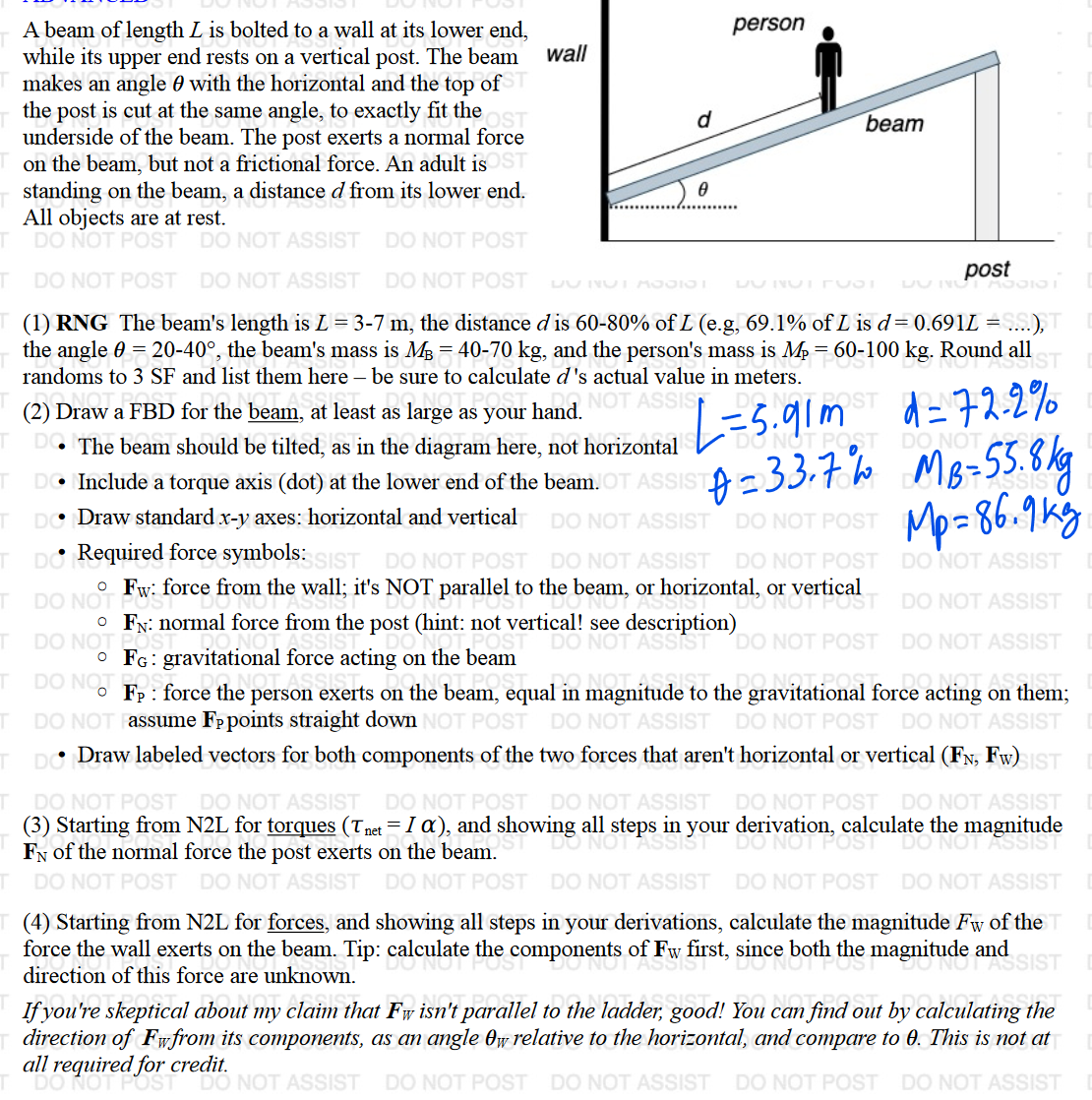 Solved A beam of length L is bolted to a wall at its lower | Chegg.com