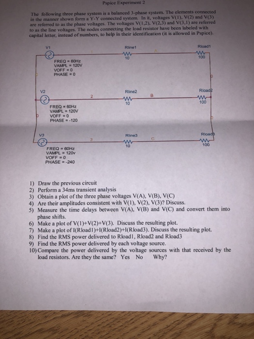 Solved Pspice Experiment 2 The following three phase system | Chegg.com