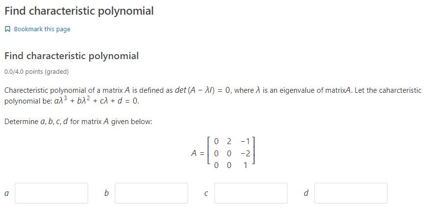 Solved Find characteristic polynomial Bookmark this page | Chegg.com