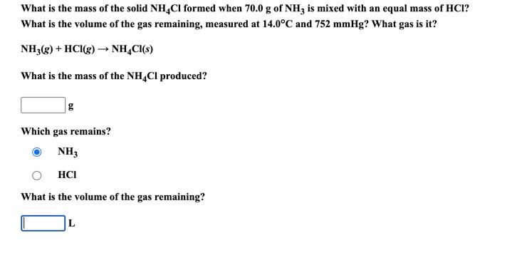 Solved What is the mass of the solid NH4Cl formed when 70.0 | Chegg.com