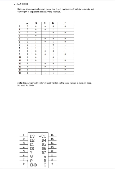 1125 Marks Design Combinational Circuit Using Two 8 1 Multiplexers Three Inputs One Output 