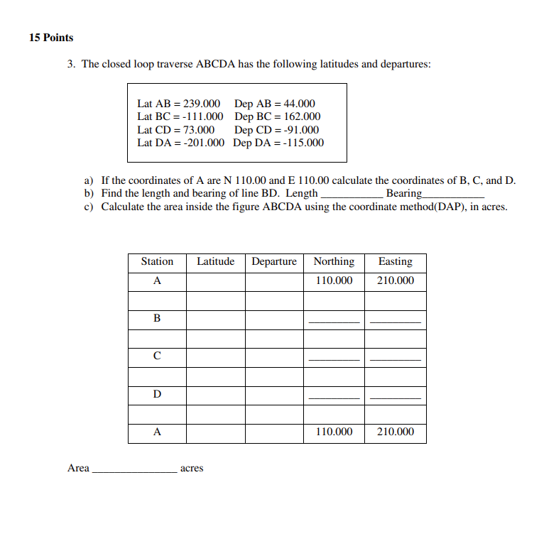 Solved 15 Points 3. The closed loop traverse ABCDA has the | Chegg.com