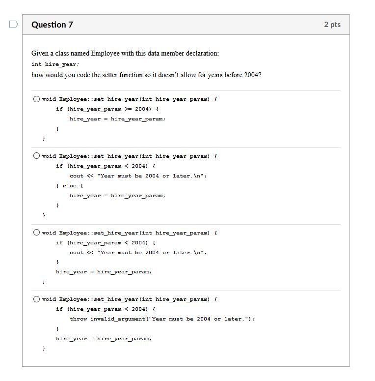 Solved Question 7 2 pts Given a class named Employee with | Chegg.com