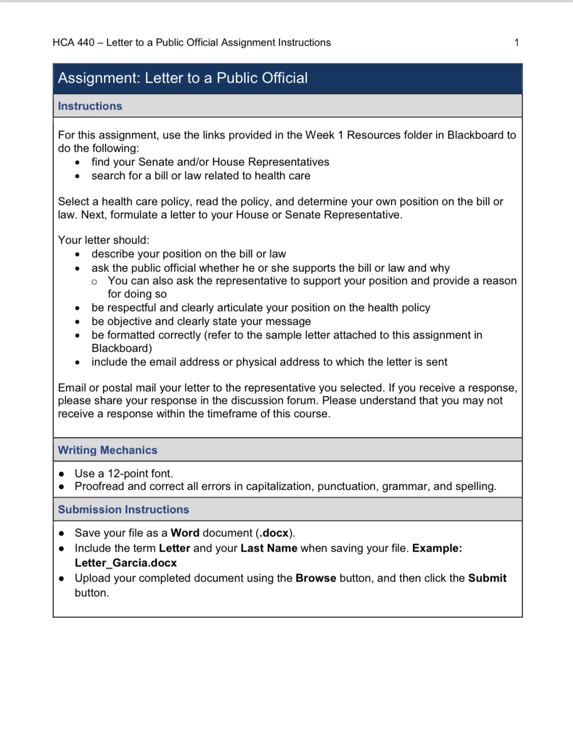 Solved HCA 440 - Letter to a Public Official Assignment | Chegg.com