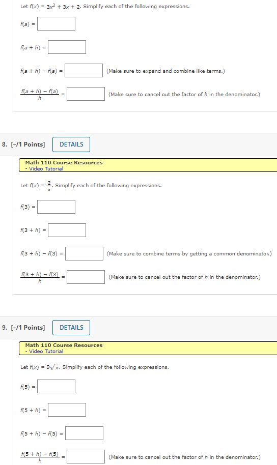 Solved Let F(x) = 3x2 + 3x + 2. Simplify each of the | Chegg.com