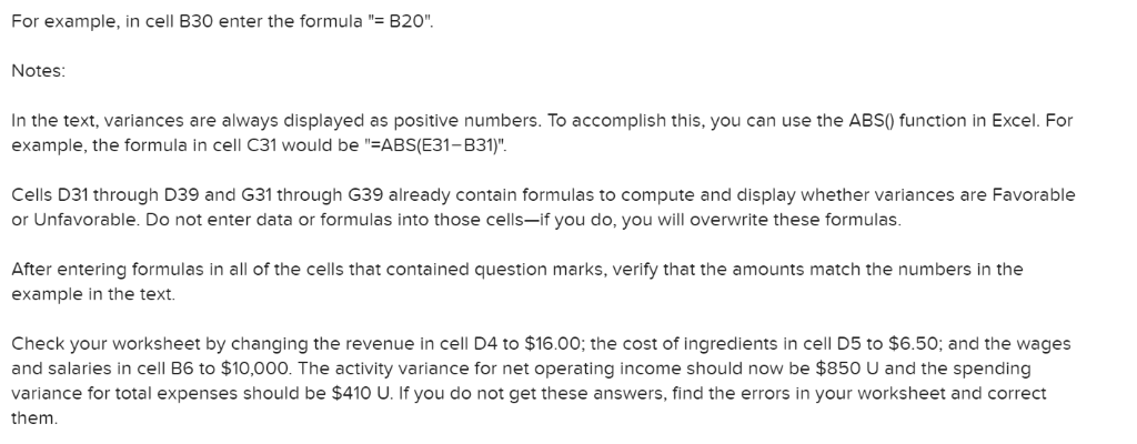 Solved For example, in cell B30 enter the formula " B20" | Chegg.com