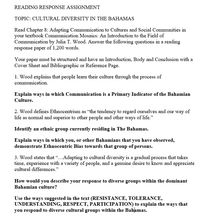 Solved READING RESPONSE ASSIGNMENT TOPIC: CULTURAL DIVERSITY | Chegg.com