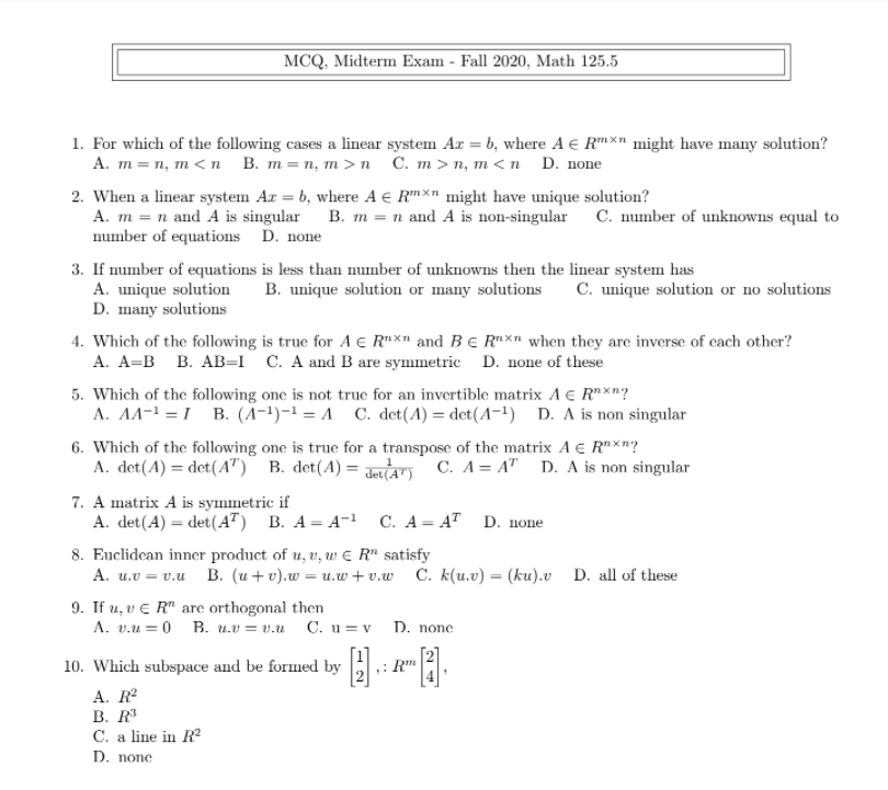 Solved MCQ, Midterm Exam - Fall 2020, Math 125.5 1. For | Chegg.com