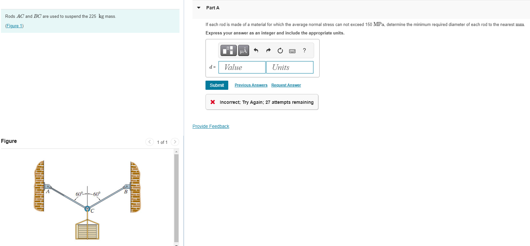 Solved Rods AC ﻿and BC ﻿are used to suspend the 225kg | Chegg.com
