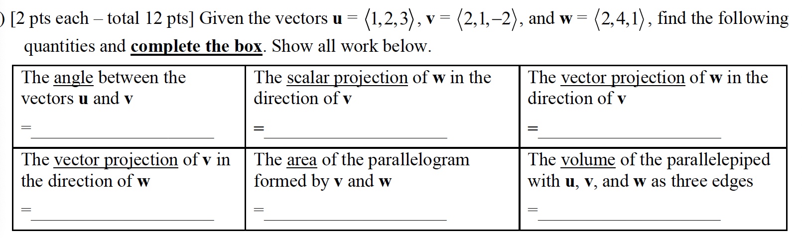 Solved [2 pts each - total 12pts ] Given the vectors | Chegg.com