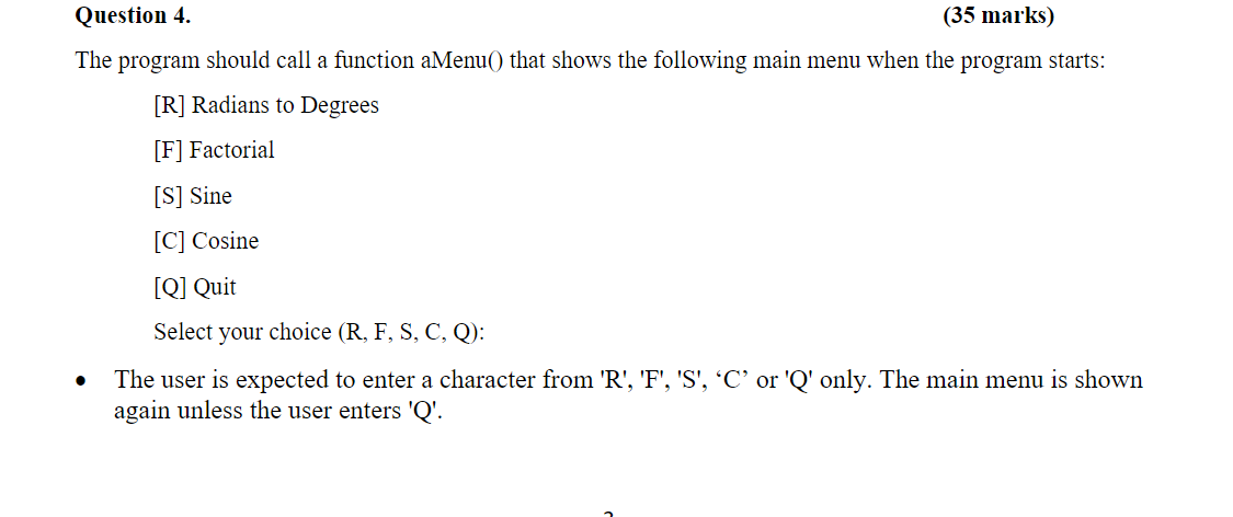 The program should call a function aMenu() that shows | Chegg.com