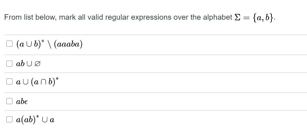 Solved From list below, mark all valid regular expressions | Chegg.com