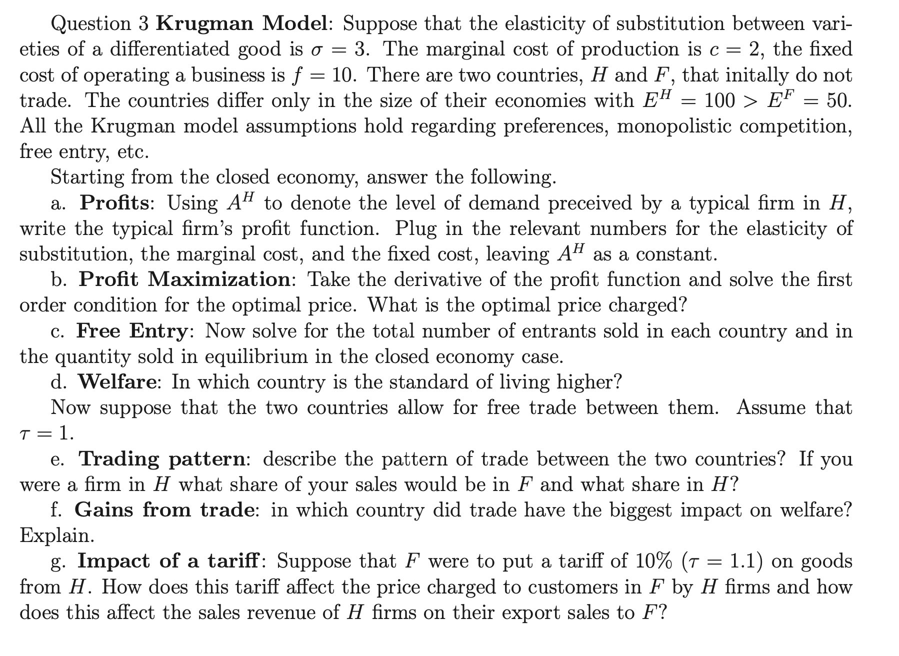 Question 3 Krugman Model: Suppose that the elasticity | Chegg.com