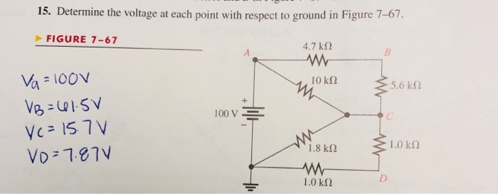 Solved 15. Determine the voltage at each point with respect | Chegg.com