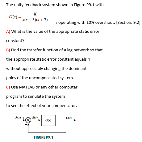 The unity feedback system shown in Figure P9.1 with | Chegg.com