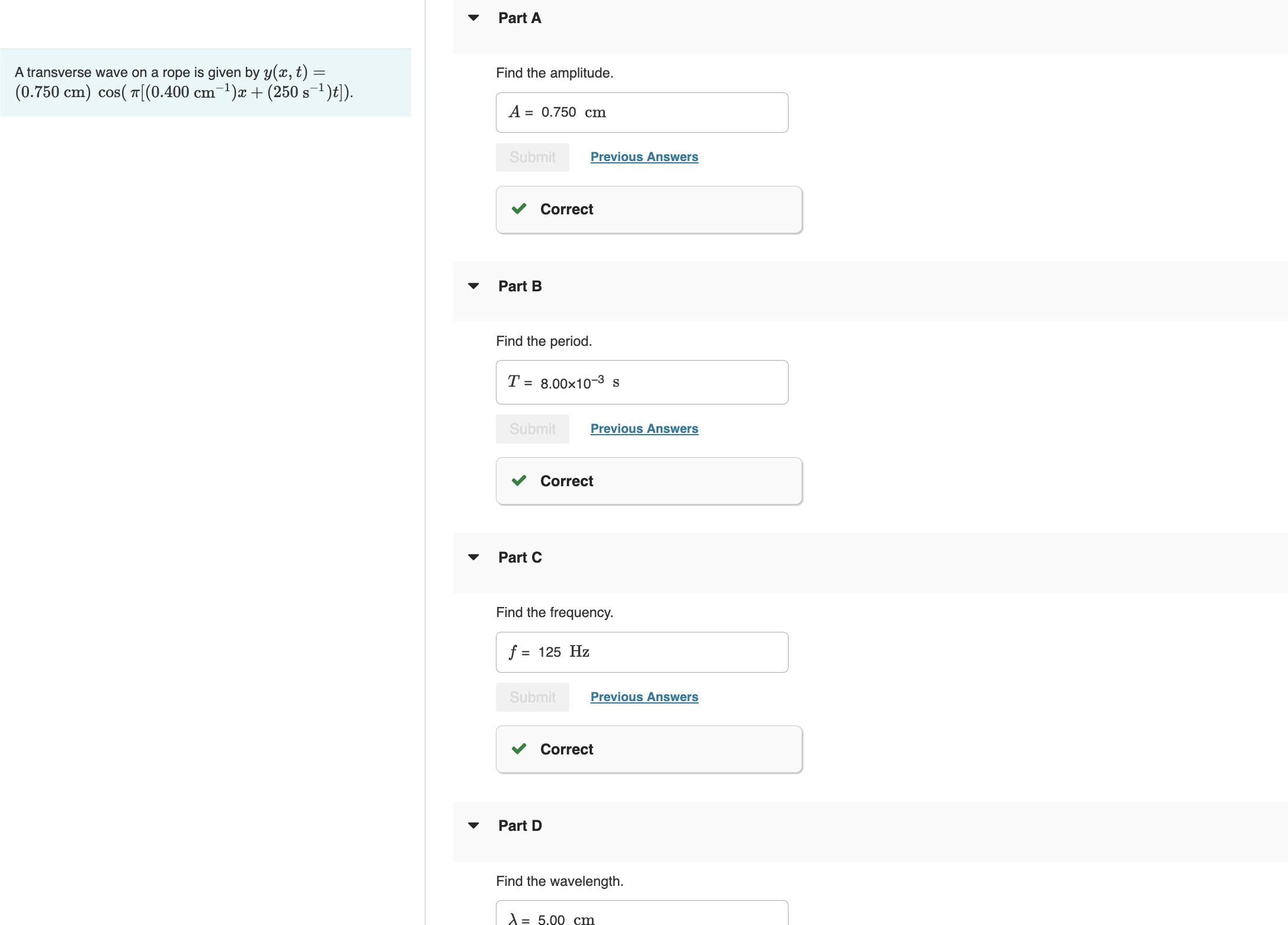 Solved A transverse wave on a rope is given by y(x,t)= Find | Chegg.com