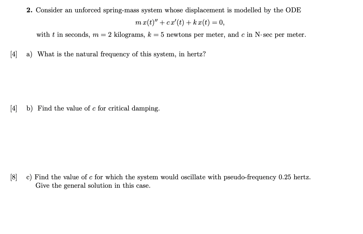 Solved 2. Consider an unforced spring-mass system whose | Chegg.com