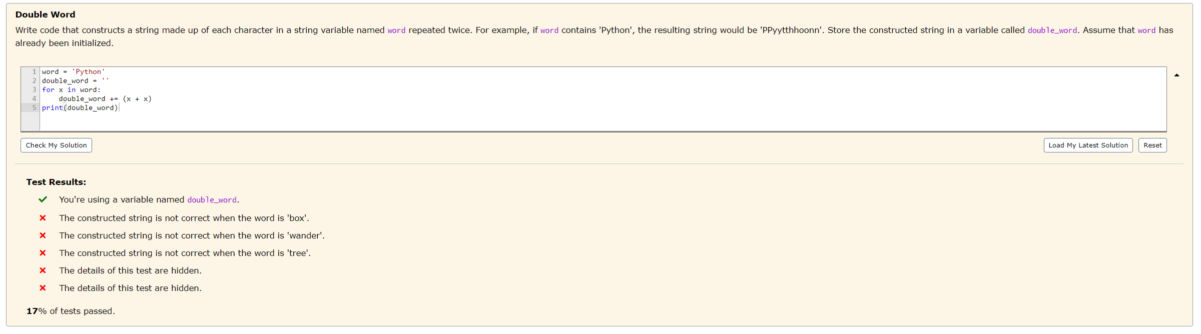 Solved Double Word Write code that constructs a string made | Chegg.com
