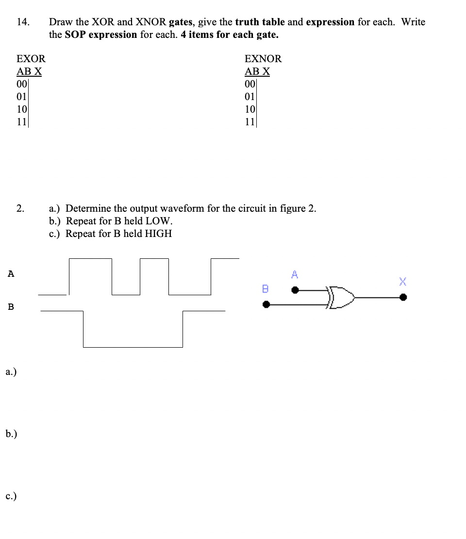 Solved 14. Draw the XOR and XNOR gates, give the truth table | Chegg.com