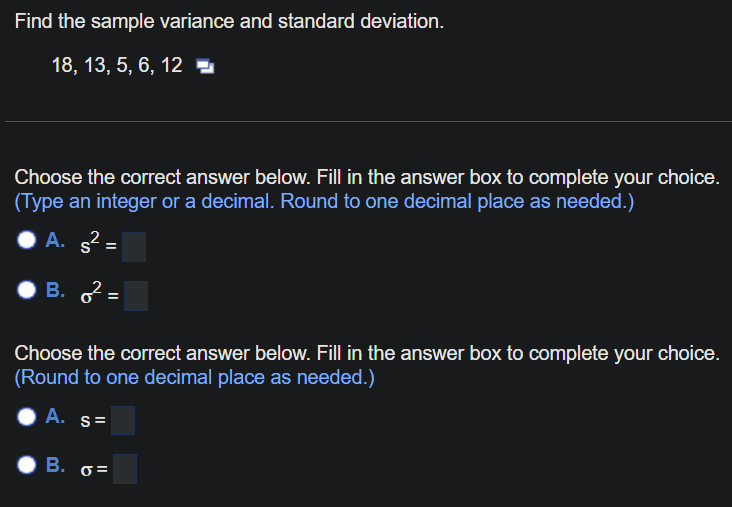 Solved Find the sample variance and standard deviation. | Chegg.com