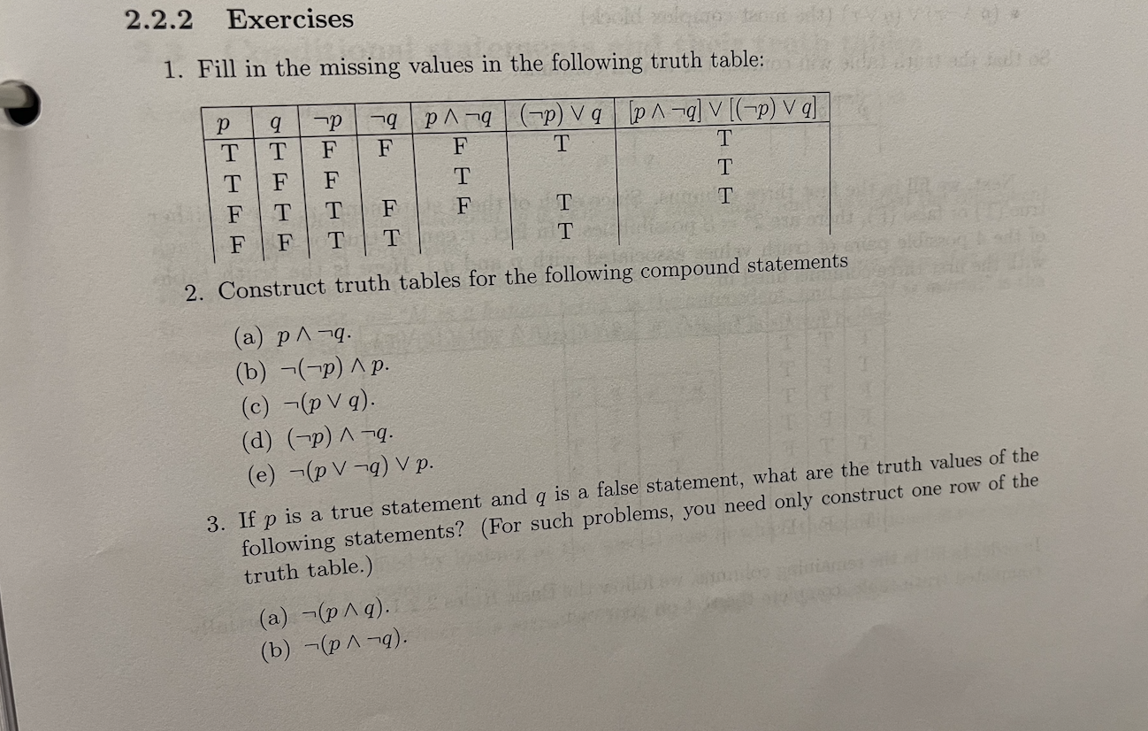 Solved 1. Fill in the missing values in the following truth | Chegg.com