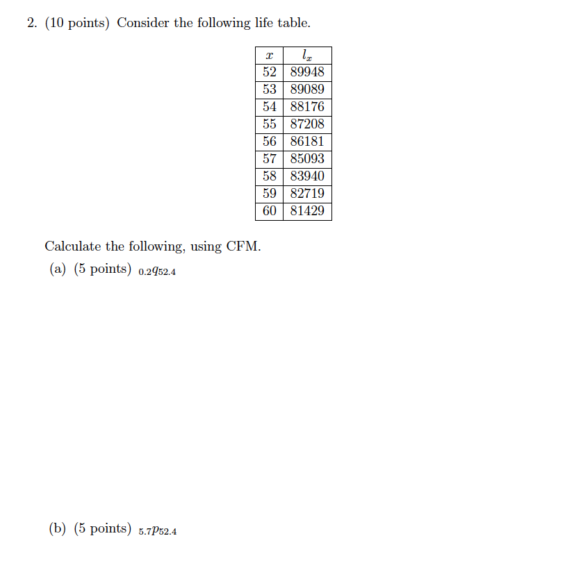 Solved 2. (10 points) Consider the following life table. I | Chegg.com