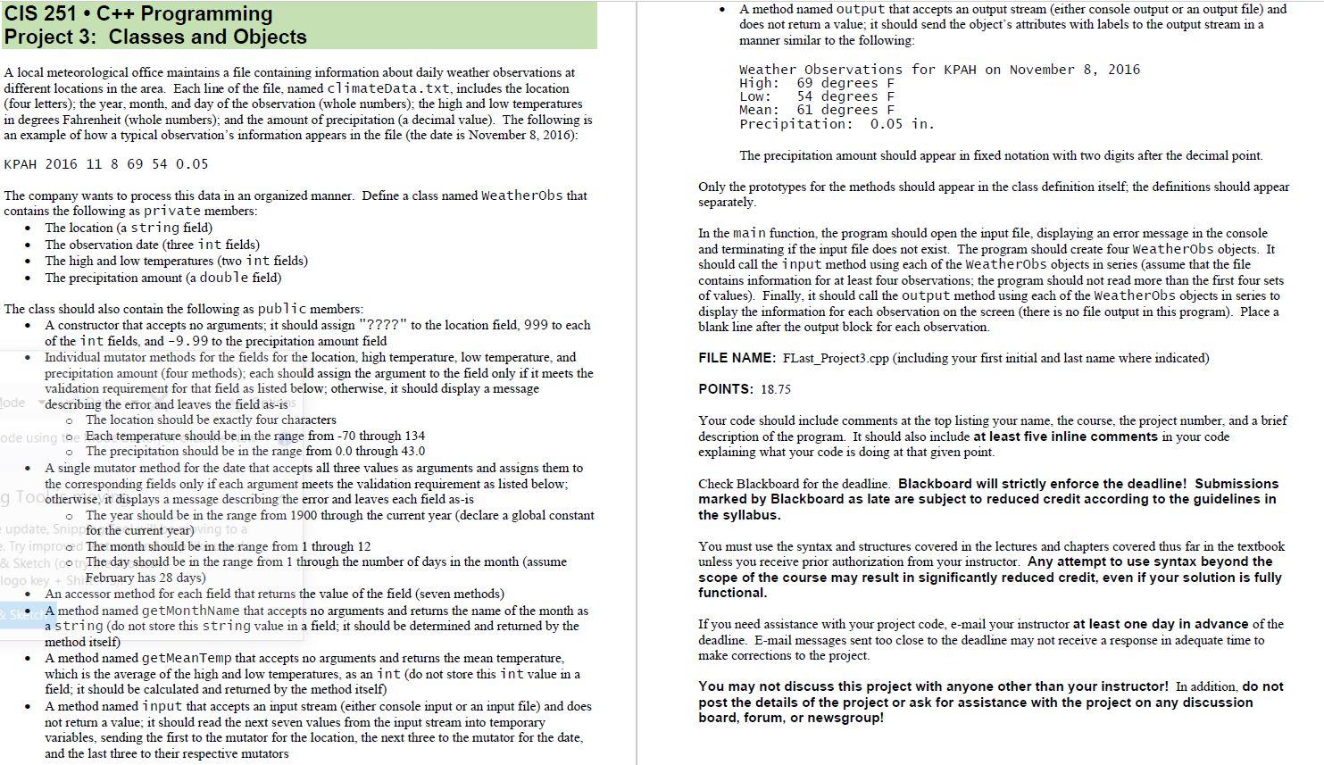 CIS 251 . C++ Programming Project 3: Classes and | Chegg.com