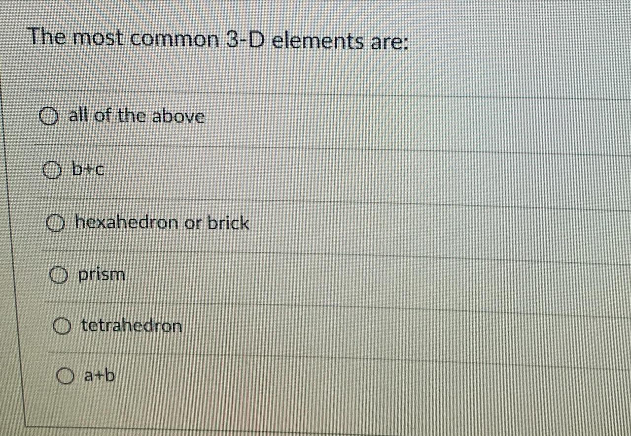 Solved The most common 3-D elements are: O all of the above | Chegg.com