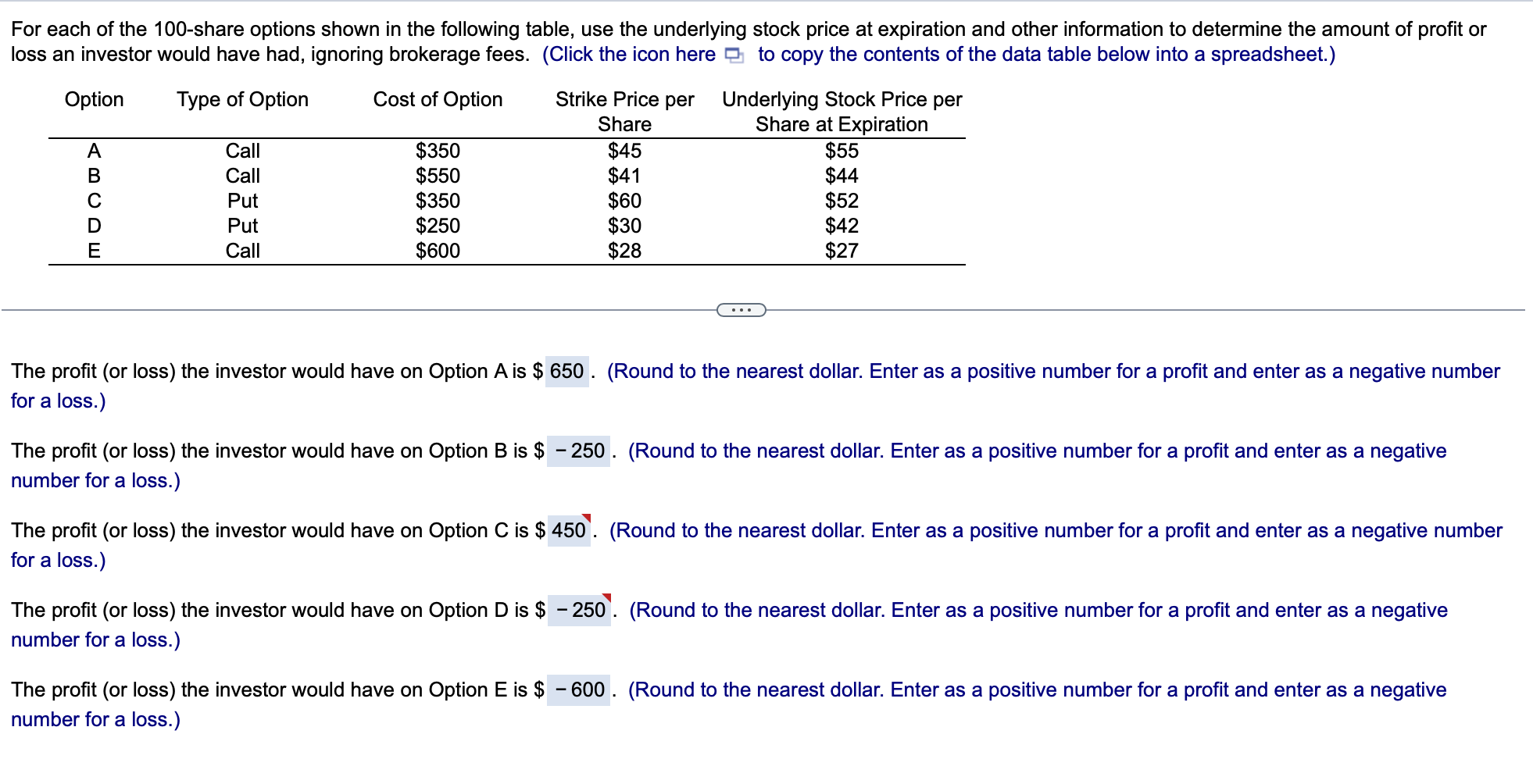 Solved For each of the 100-share options shown in the | Chegg.com