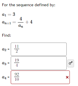 Solved For the sequence defined by: a1=3an+1=an4+4 Find: a2= | Chegg.com