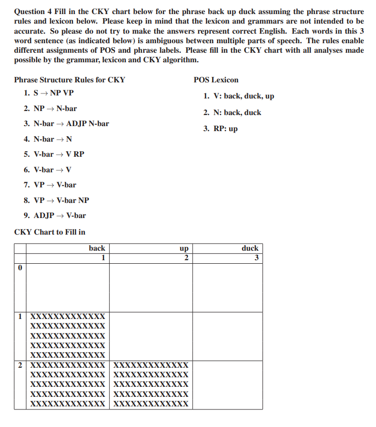 Question 4 Fill in the CKY chart below for the phrase | Chegg.com