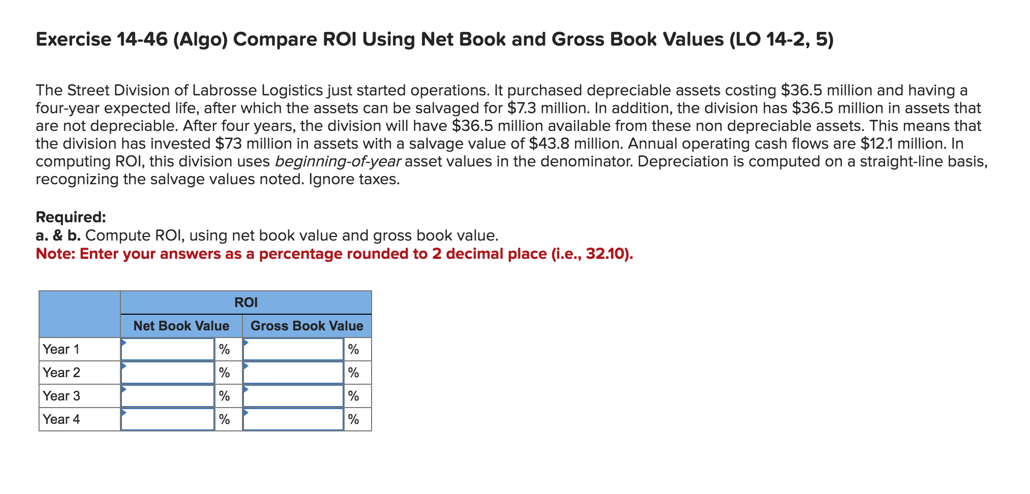 Solved Exercise 14-46 (Algo) Compare ROI Using Net Book and | Chegg.com
