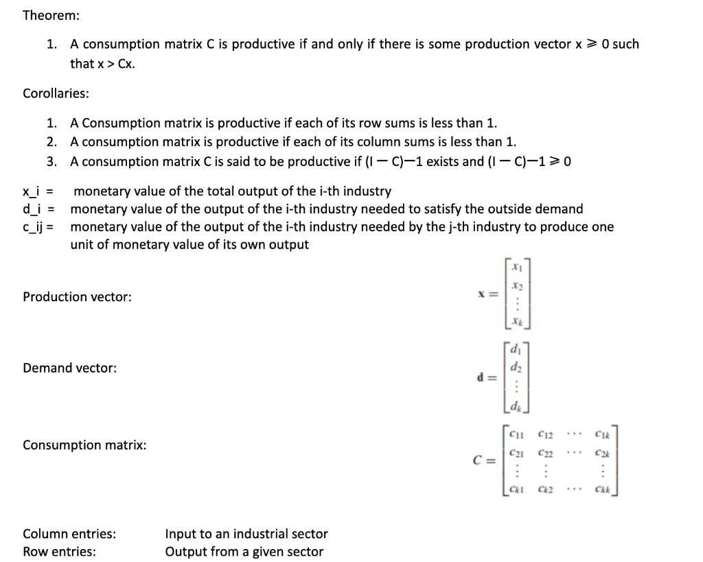 Theorem: 1. A consumption matrix C is productive if | Chegg.com